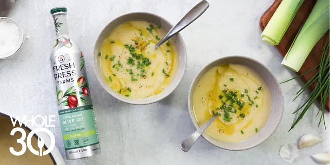 Creamy Potato and Leek Soup with EVOO Drizzle | Whole30